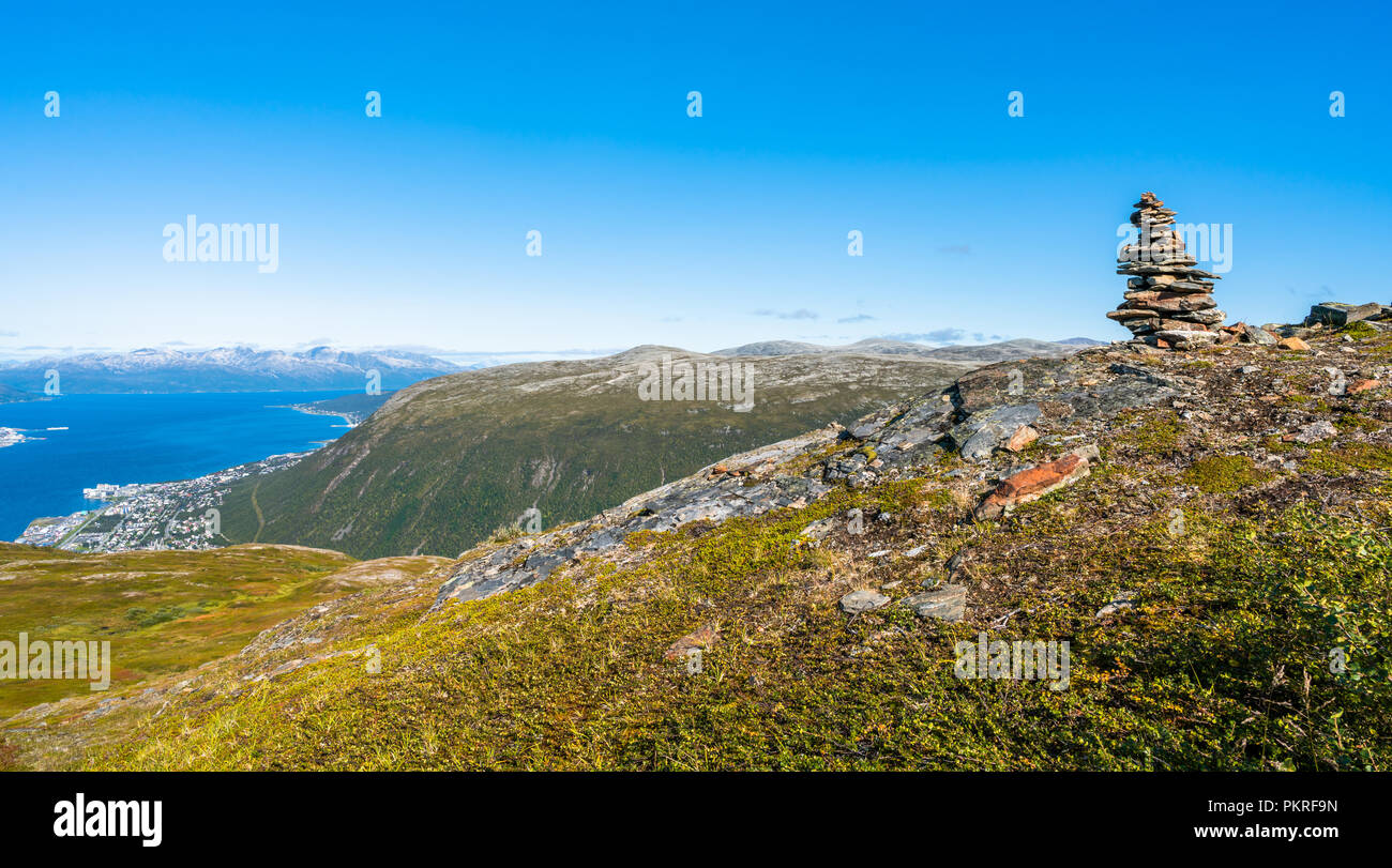 Aerial view of the mountains and hills around Tromso and Tromsoysundet ...