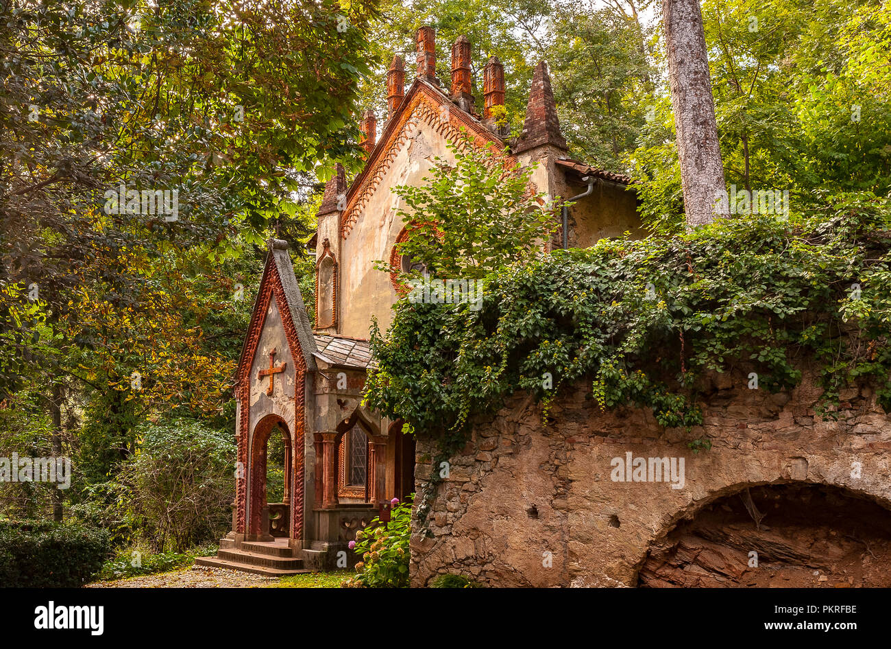 Italy Piedmont Busca Castello del Roccolo and park -the chapel Stock ...