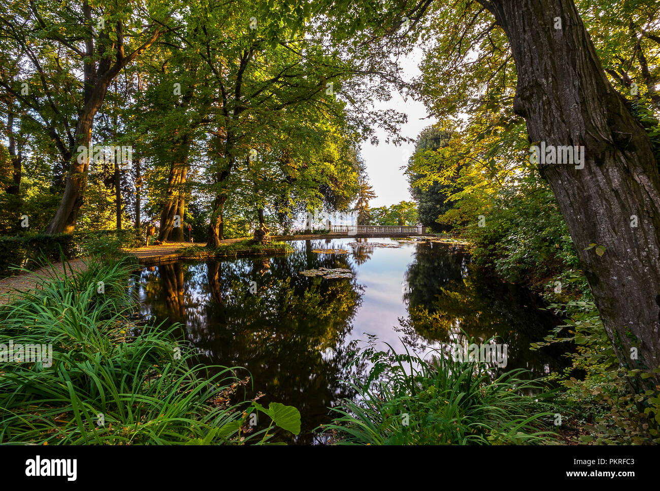 Italy Piedmont Busca Castello del Roccolo and park - The lake Stock ...