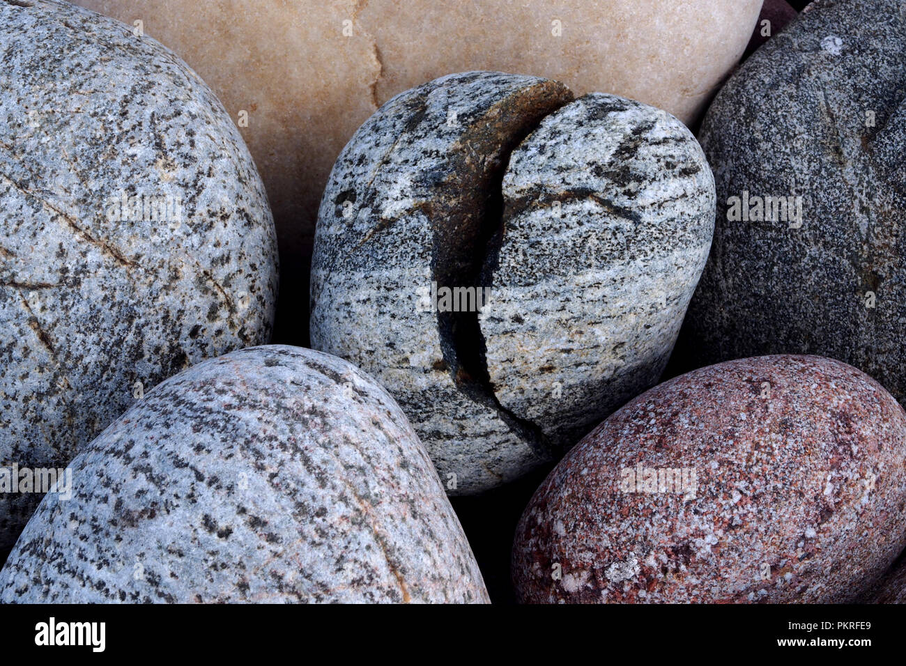 a close up view of a split, stripy stone on a beach surrounded by other ...