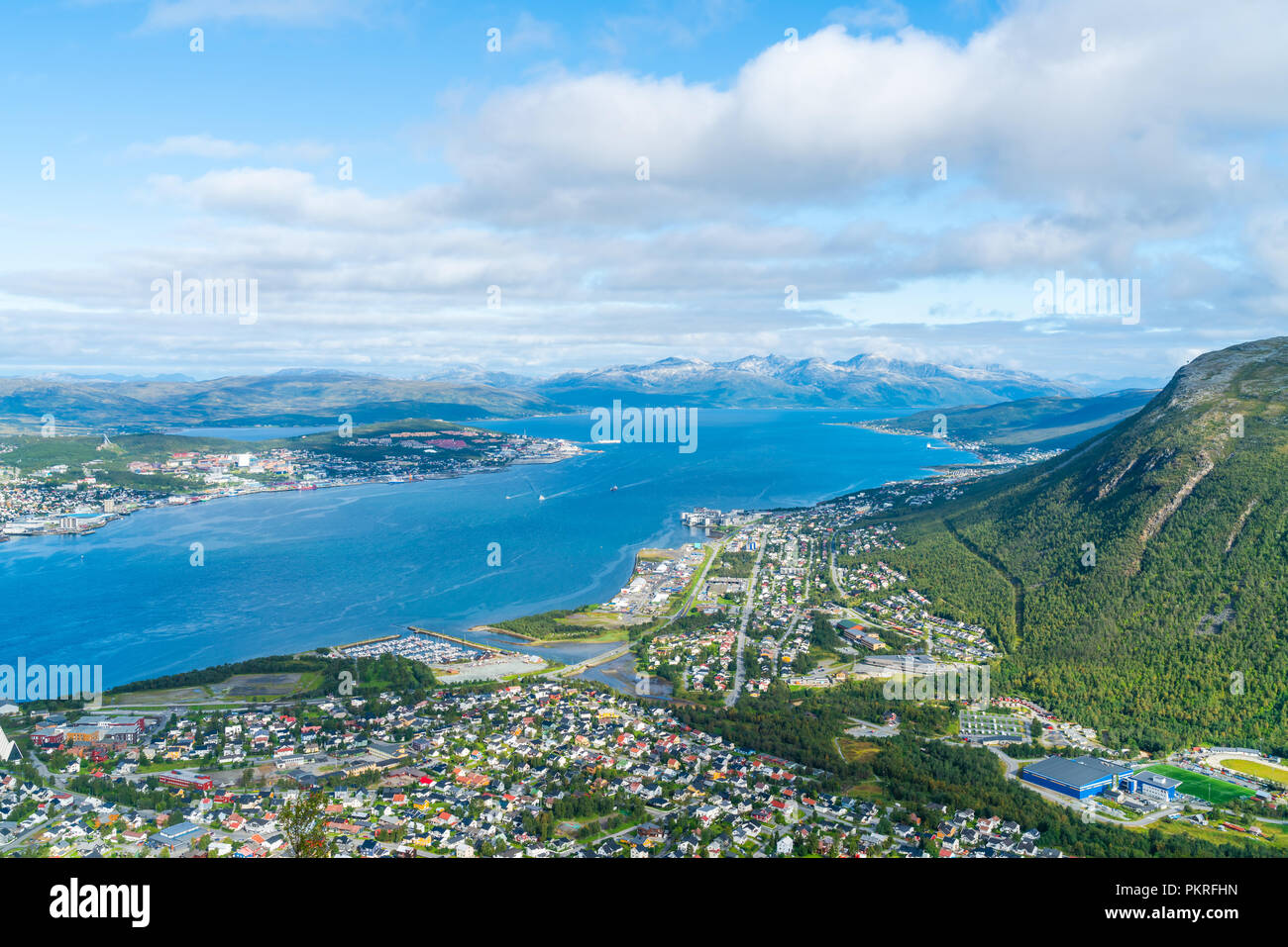 Aerial view of Tromso and Tromsoysundet strait in Norway Stock Photo ...