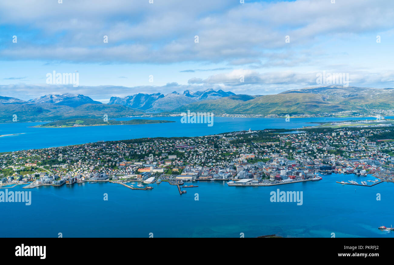 Aerial view of Tromso and Tromsoysundet strait in Norway Stock Photo ...