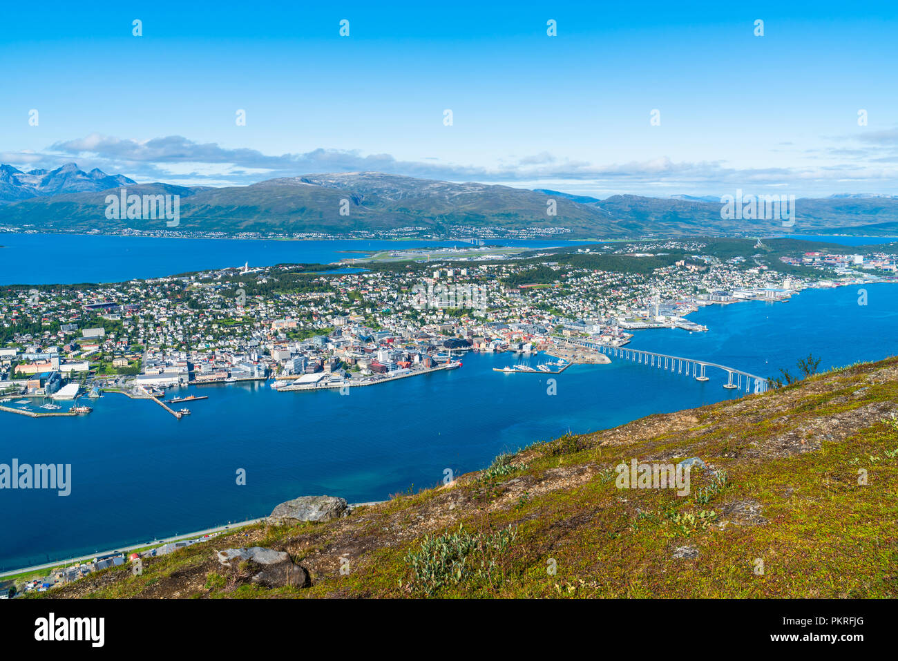 Aerial view of Tromso and Tromsoysundet strait in Norway Stock Photo ...