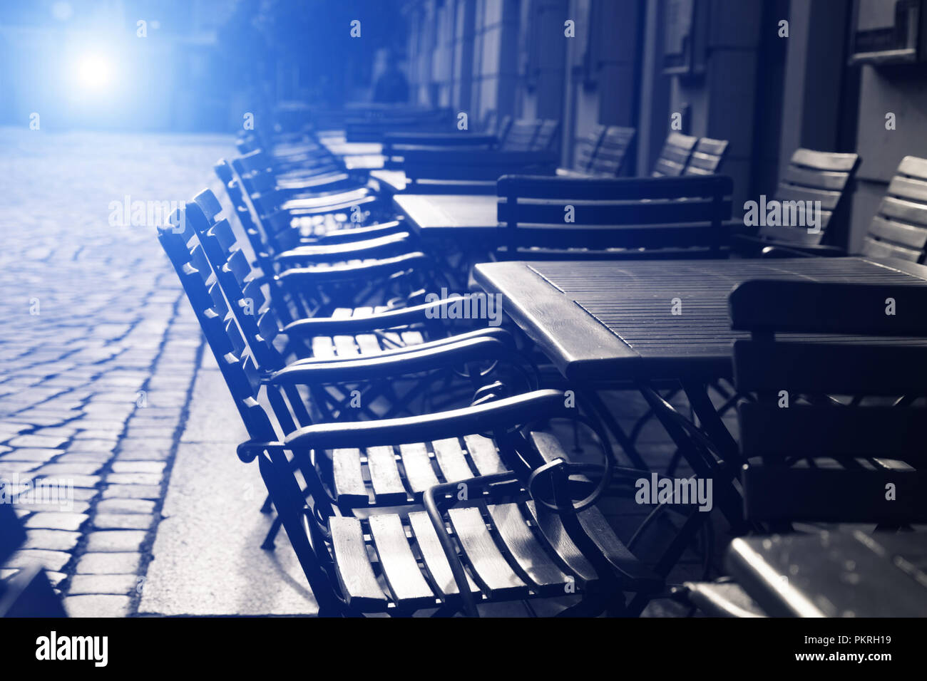 Street view with cafe terrace during the morning in European city Stock ...
