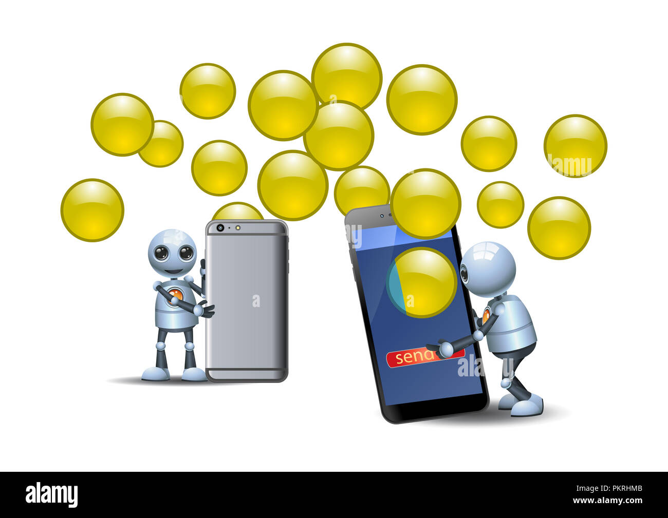 illustration of a happy droid little robot using new technology smart ...