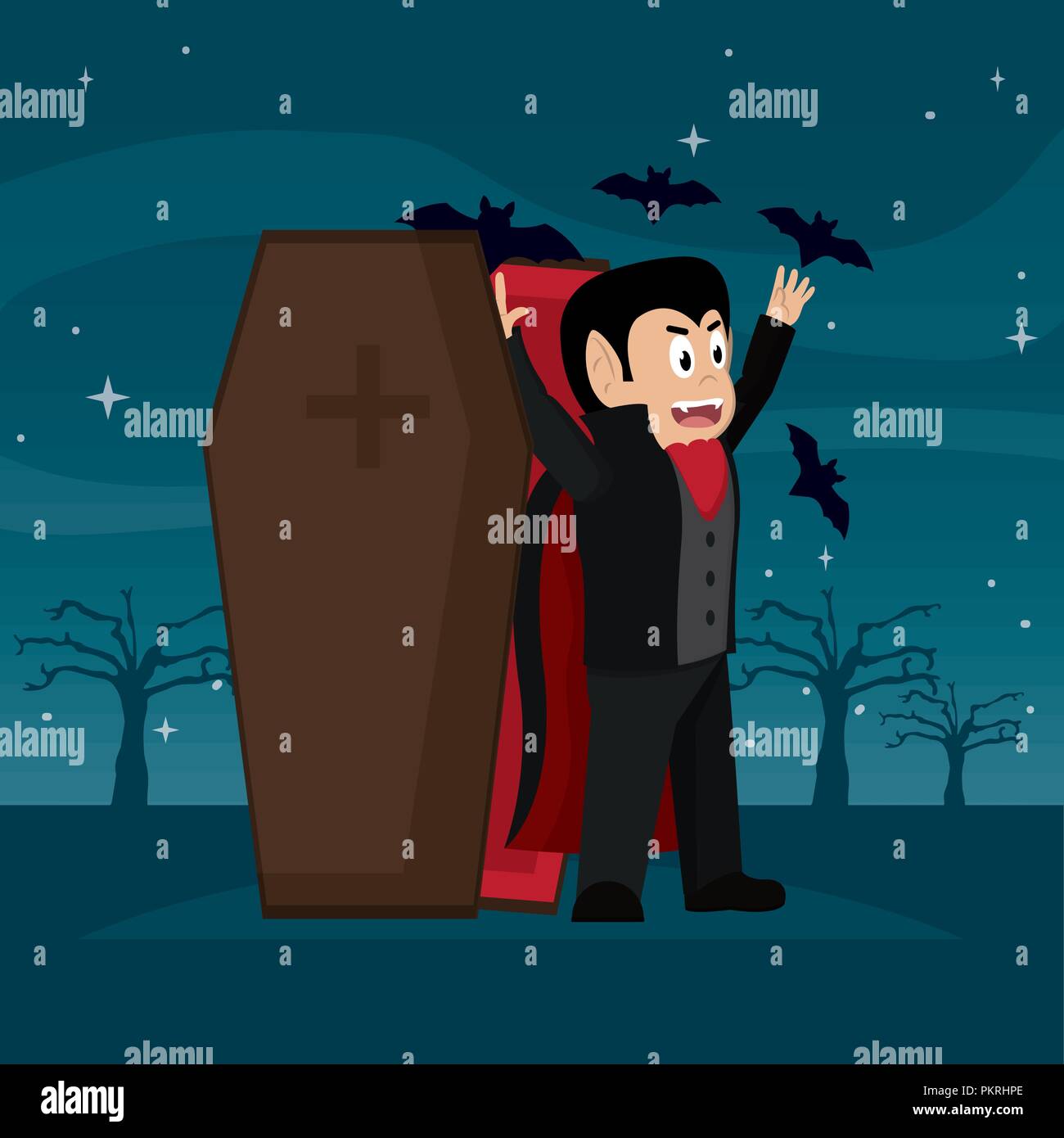 scary vampire with his coffin in the forest and bats Stock Vector Image ...