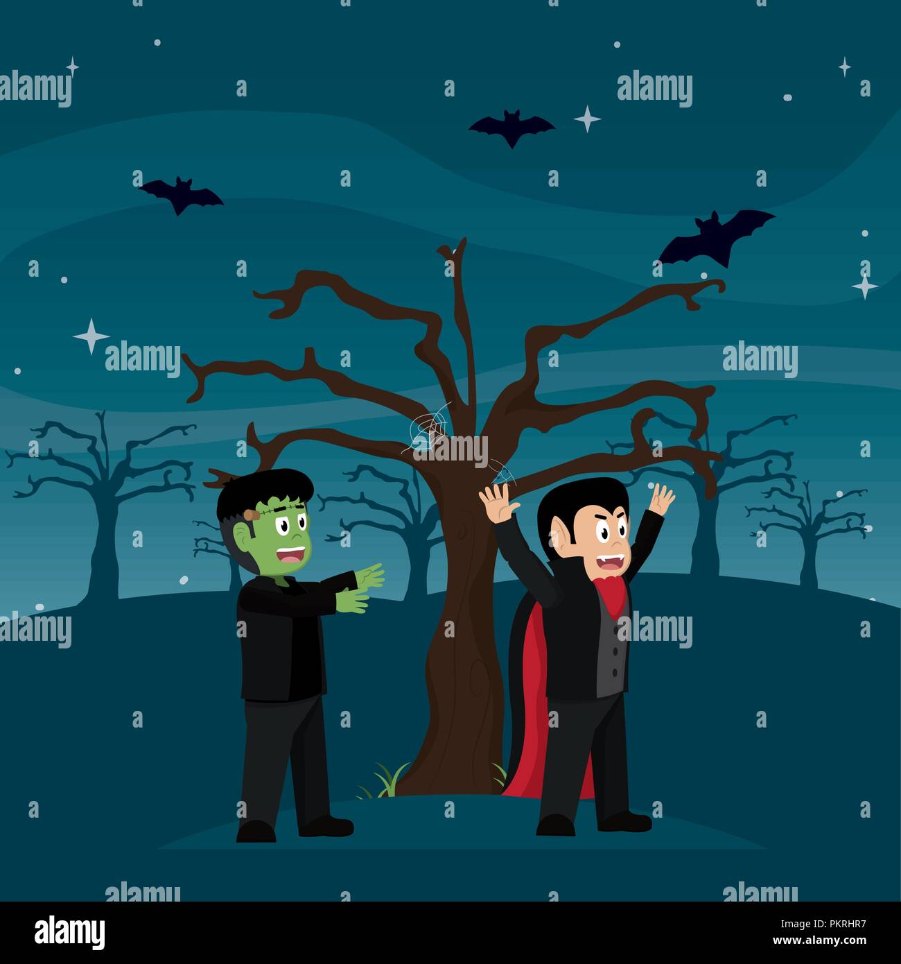 frankenstein monster and vimpire with tree and bats Stock Vector Image ...