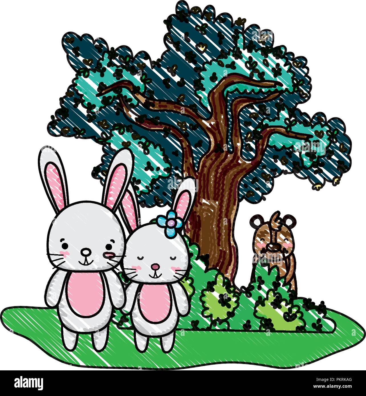 grated couple rabbit animal and bear next to tree Stock Vector Image ...