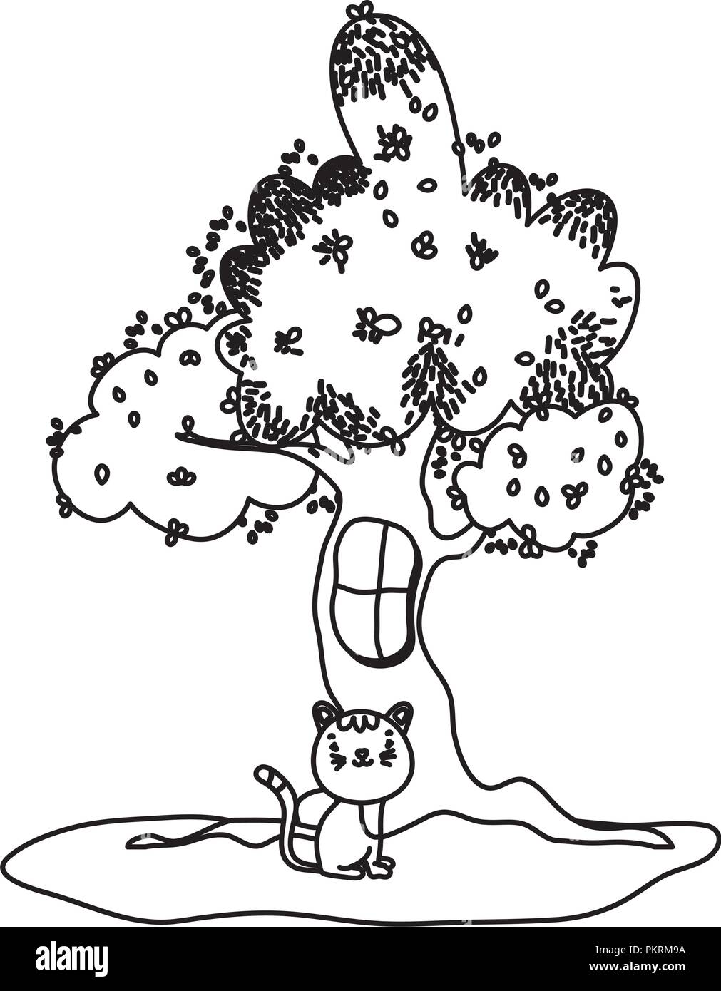 outline tree with window and cute cat animal Stock Vector Image & Art ...