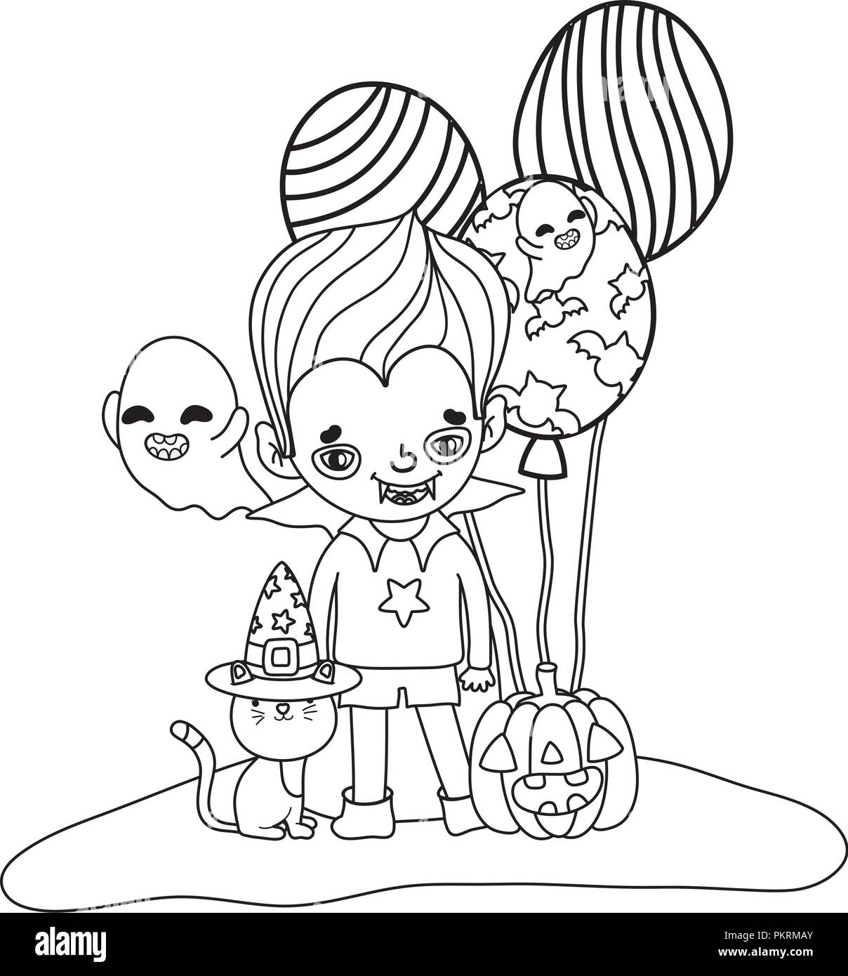outline boy with vampire costume and ghosts with pumpkin Stock Vector ...
