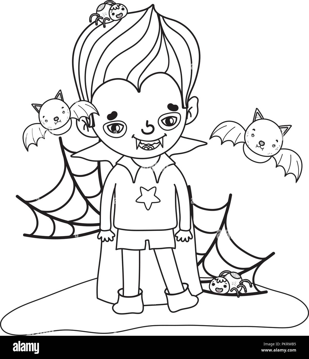outline boy with vampire costume and bats with spiders Stock Vector ...