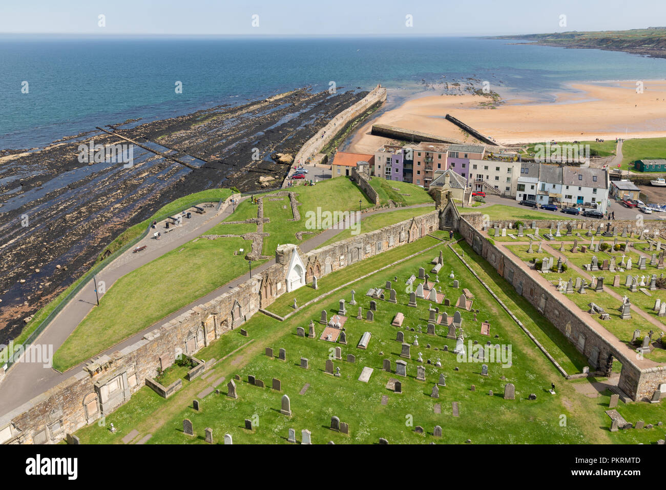 Aerial view ruin cathedral near coast St Andrews, Scotland Stock Photo ...