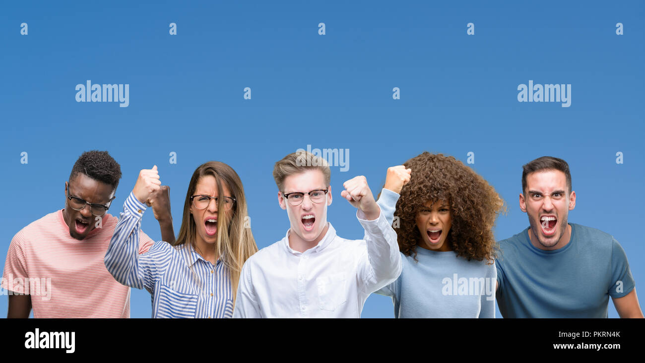 Composition of group of friends over blue blackground angry and mad ...