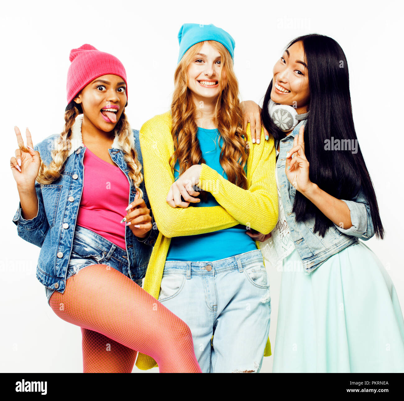 diverse nation girls group, teenage friends company cheerful having fun ...