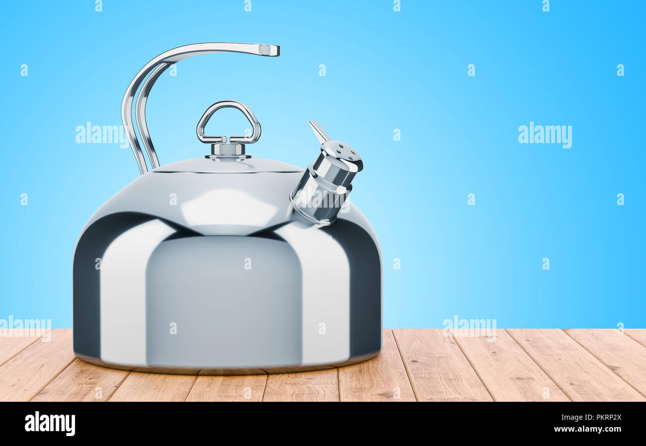 Big metallic kettle on the wooden table. 3D rendering Stock Photo - Alamy