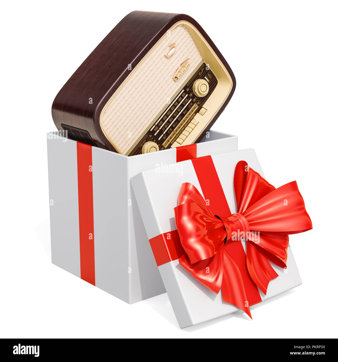 Gift box with retro radio receiver, 3D rendering isolated on white ...