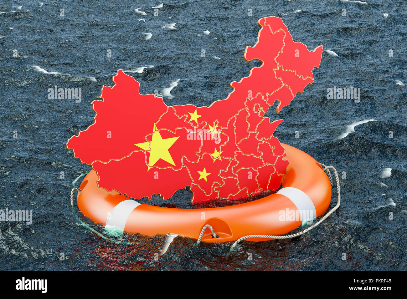 Lifebuoy with Chinese map in the open sea. Safe, help and protect ...