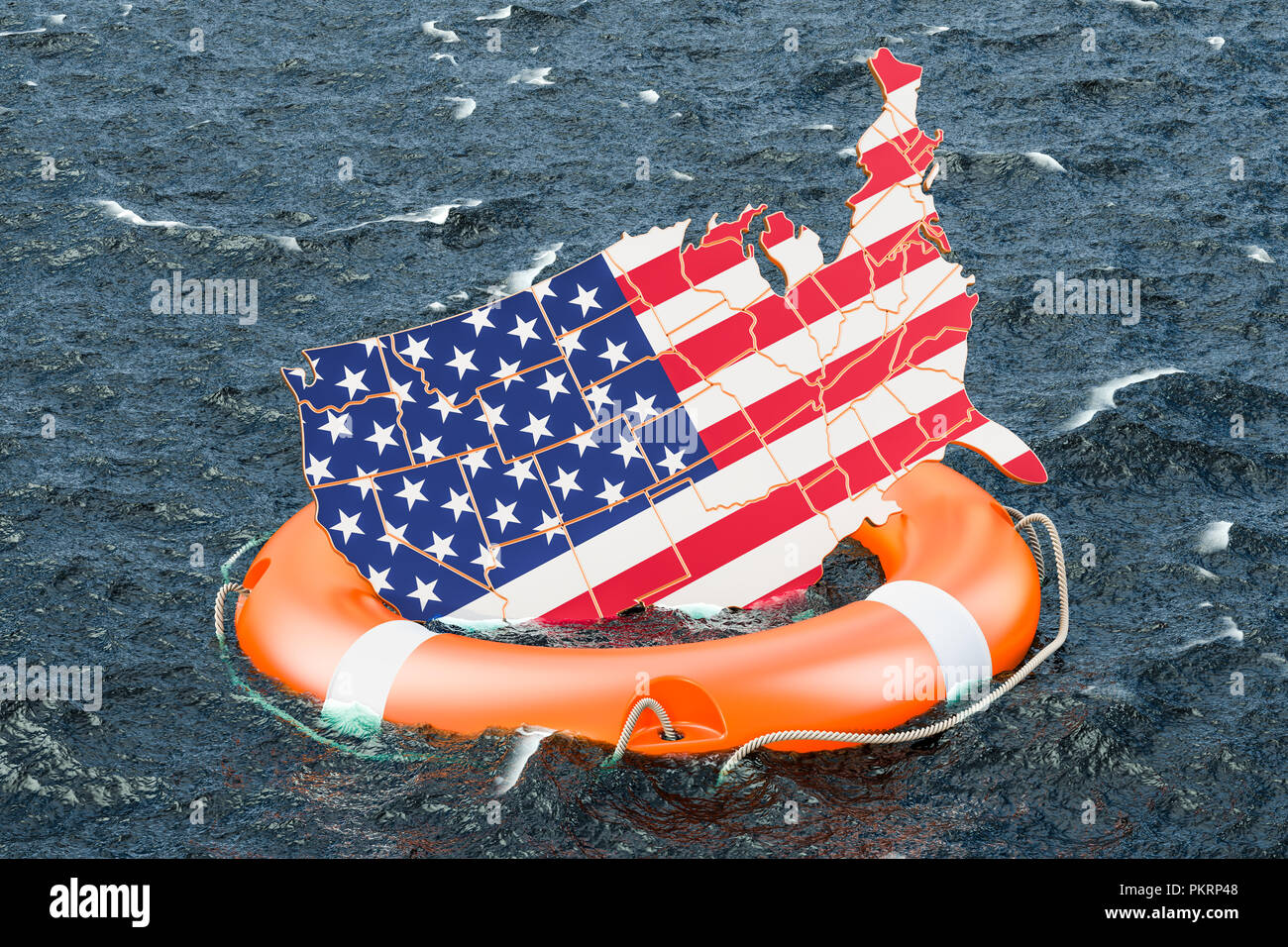 Lifebuoy with American map in the open sea. Safe, help and protect ...