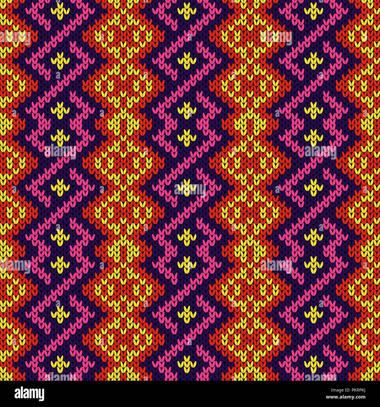 Knitted seamless colourful pattern in red, yellow, purple and pink ...