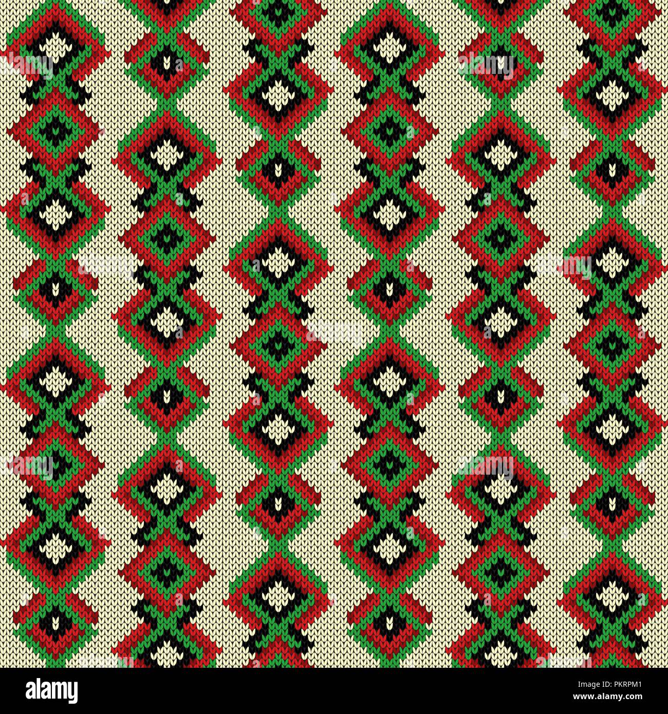 Knitting seamless saturated decorative ornament in red, green and black ...
