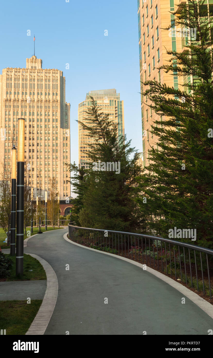 Salesforce rooftop park on a sunny morning, with city high rises in the ...