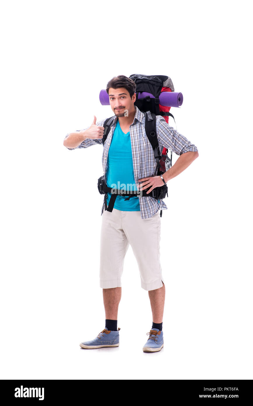Backpacker with large backpack isolated on white Stock Photo - Alamy