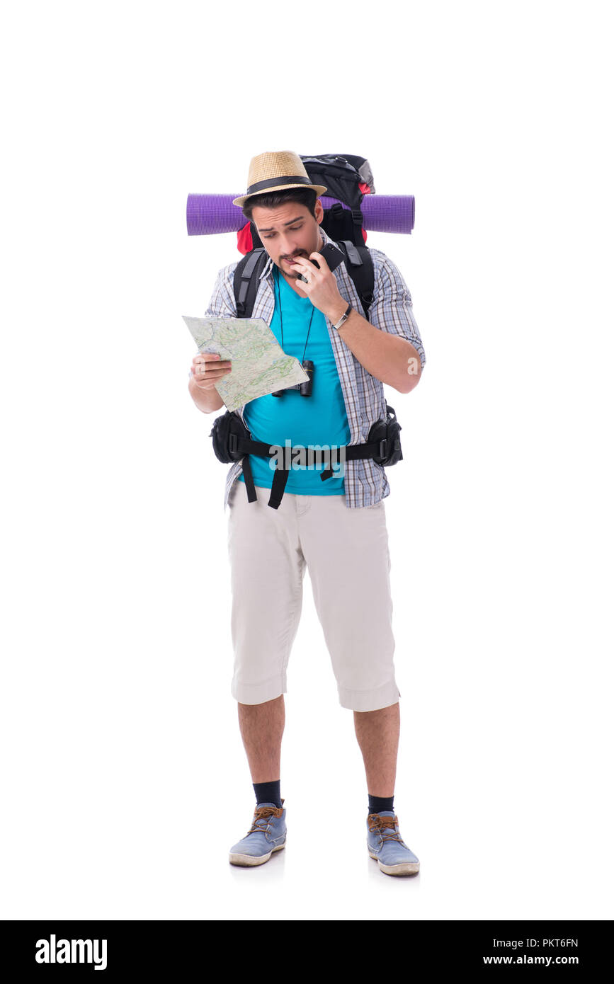 Man lost and looking for direction with map on white Stock Photo - Alamy