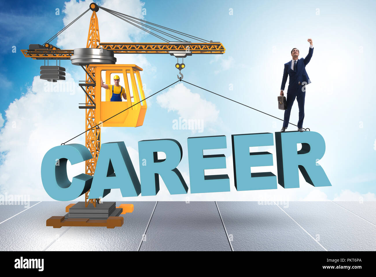 Businessman in career progression concept with crane Stock Photo - Alamy