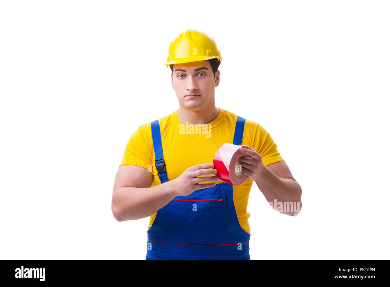 Funny worker wearing coveralls with tape Stock Photo - Alamy