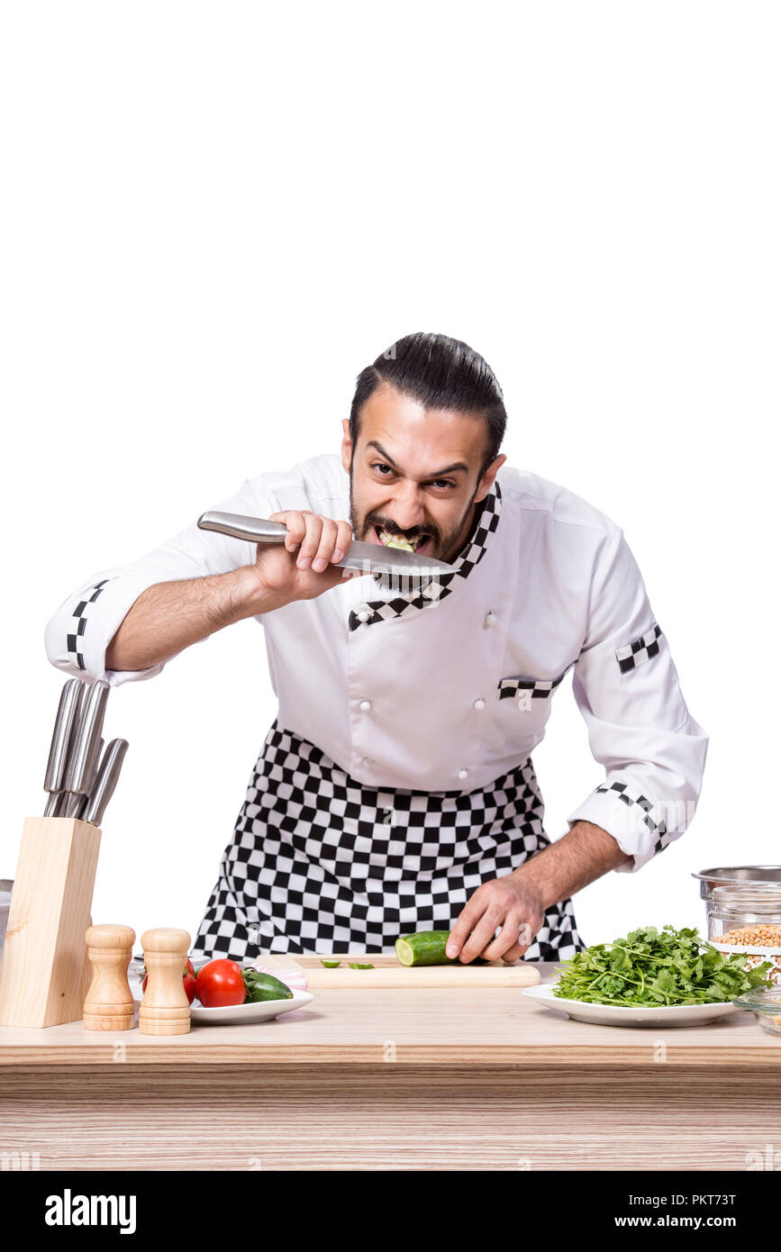 Funny male cook isolated on the white background Stock Photo - Alamy