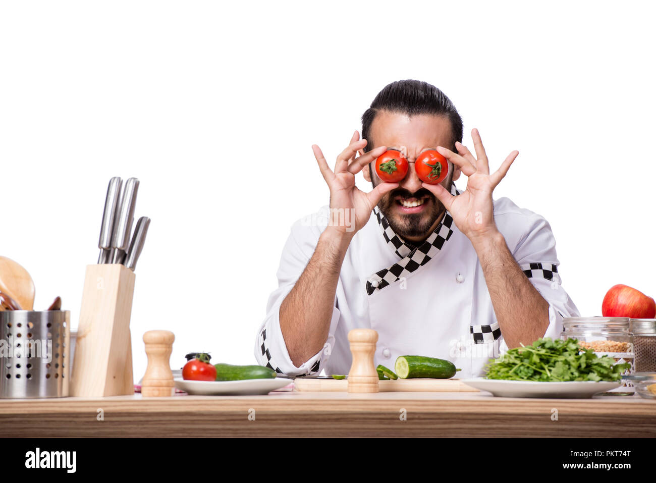 Funny male cook isolated on the white background Stock Photo - Alamy