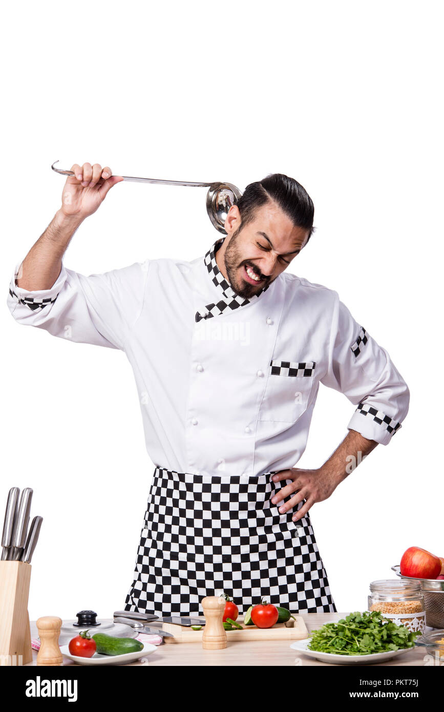 Funny male cook isolated on the white background Stock Photo - Alamy