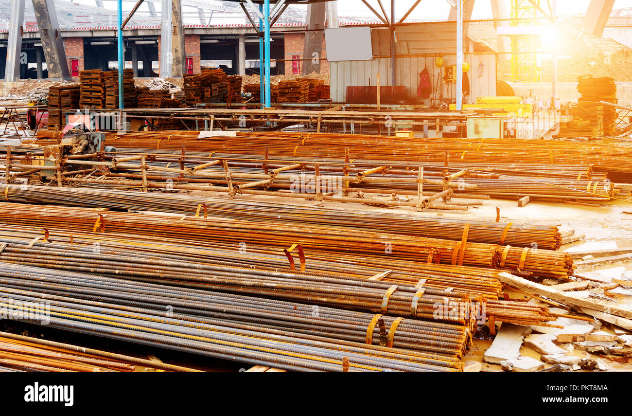 steel rebar for reinforcement concrete at construction site with house ...
