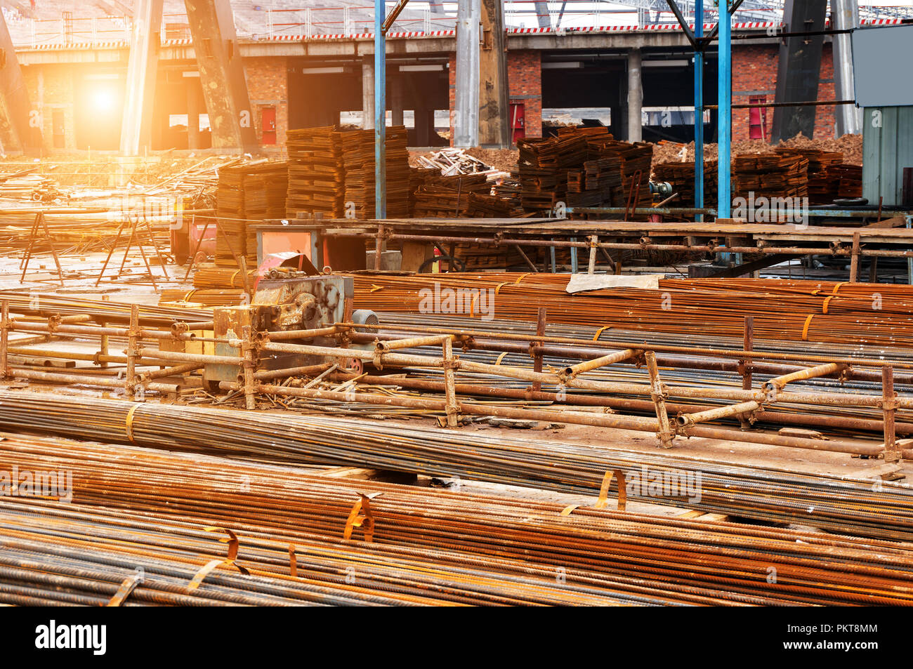 steel rebar for reinforcement concrete at construction site with house ...