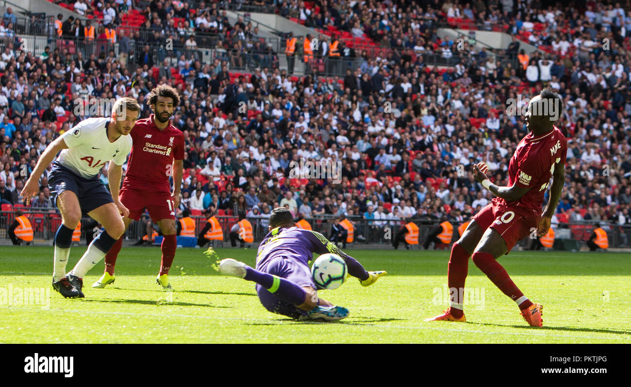 London, UK. 15th Sep 2018. Michel Vorm of Tottenham Hotspur blocks the ...