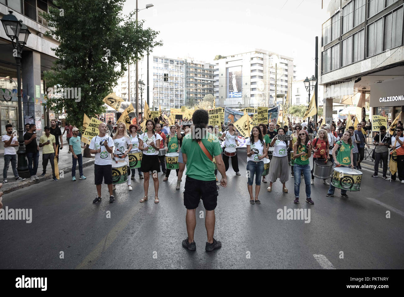 Athens, Greece. 15th Sep, 2018. Protesters seen playing with drums at ...