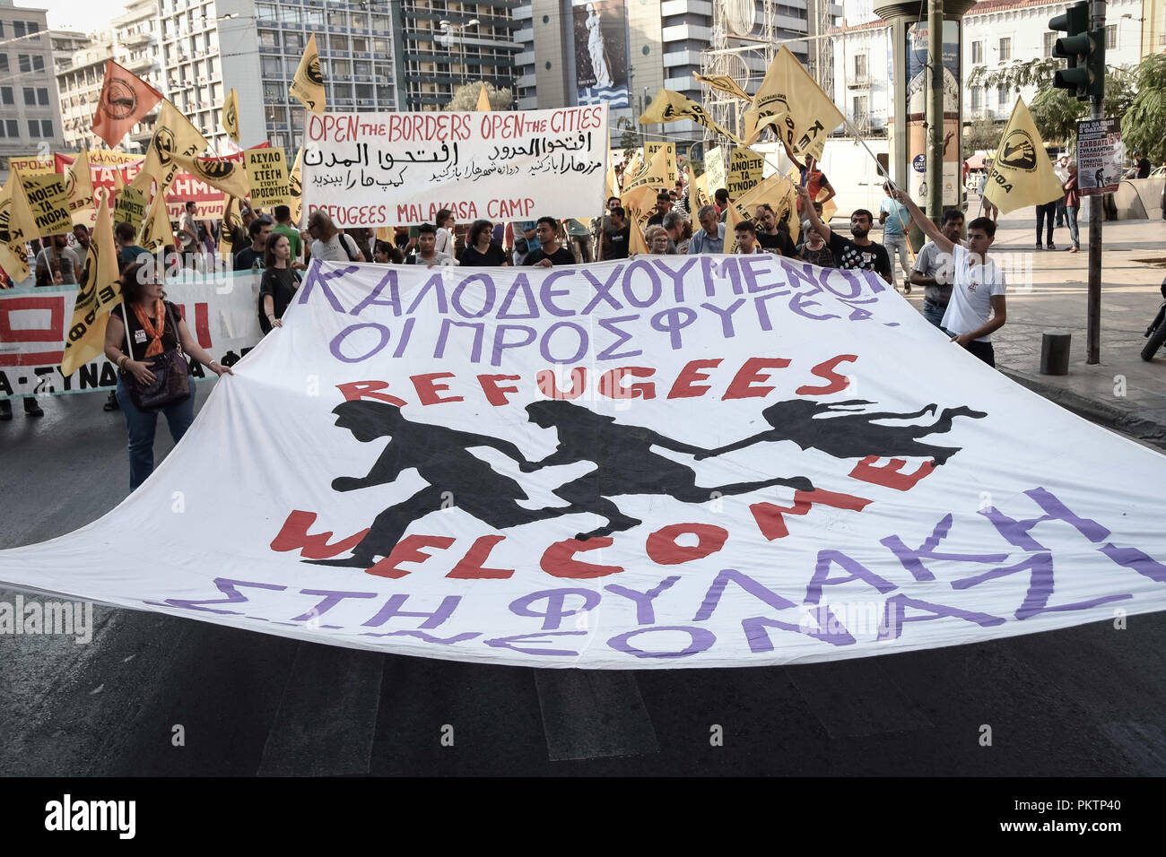 Athens, Greece. 15th Sep, 2018. Protesters seen holding a big banner ...
