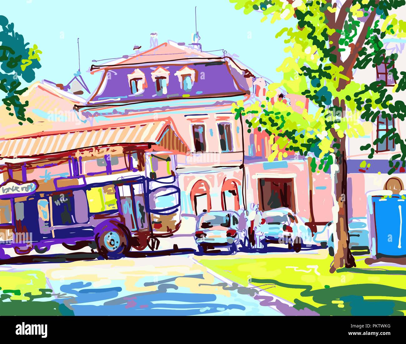 digital painting of sunny day in the city, summer contemporary a Stock ...