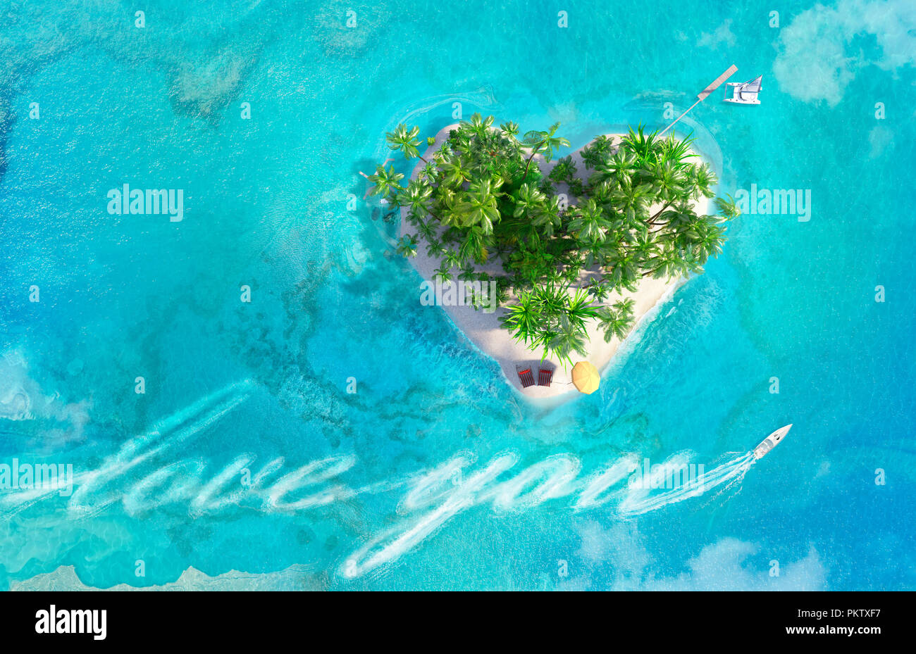 Tropical paradise island in the form of heart, blue ocean background ...