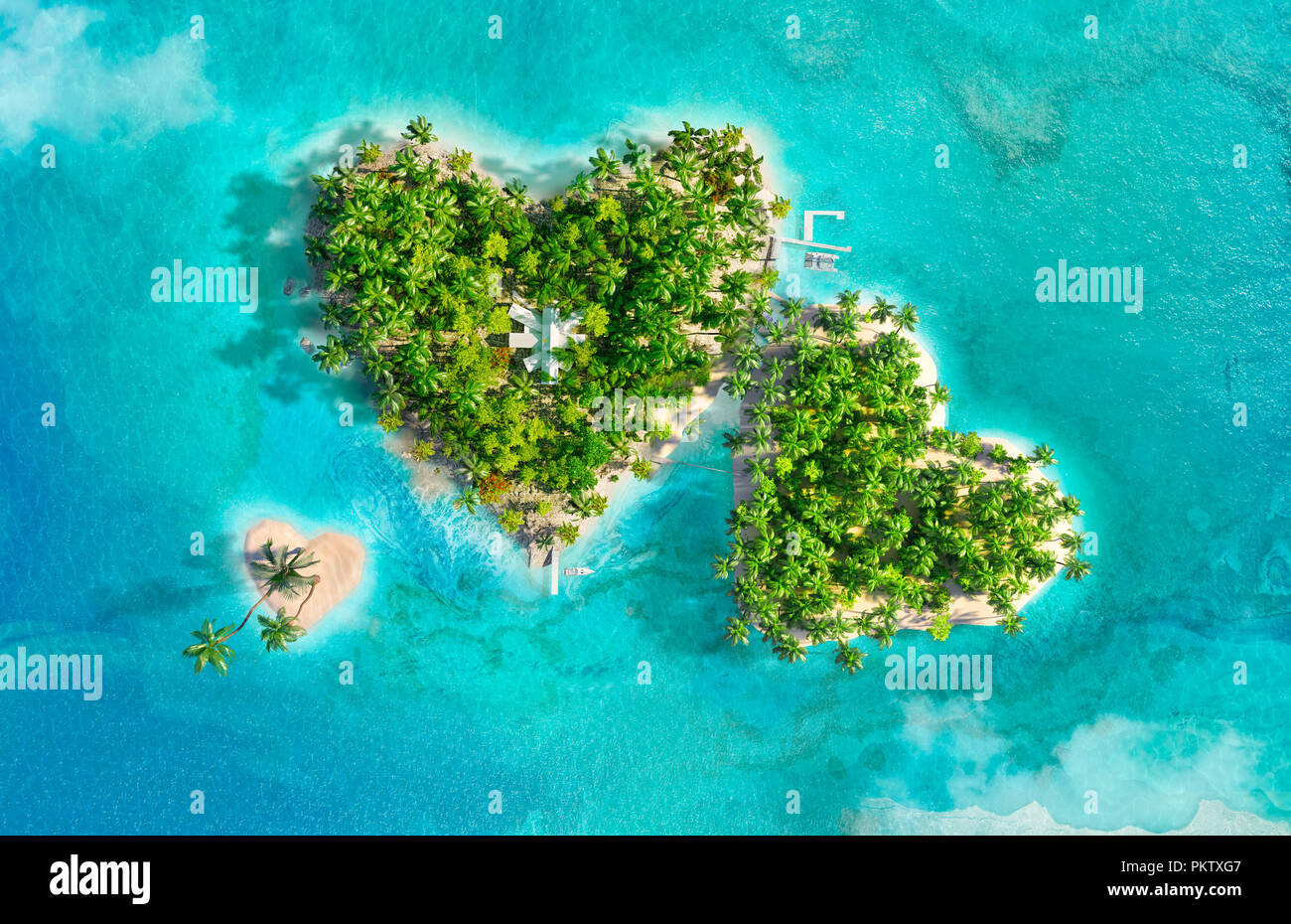 Tropical paradise islands in the form of two hearts, blue ocean ...