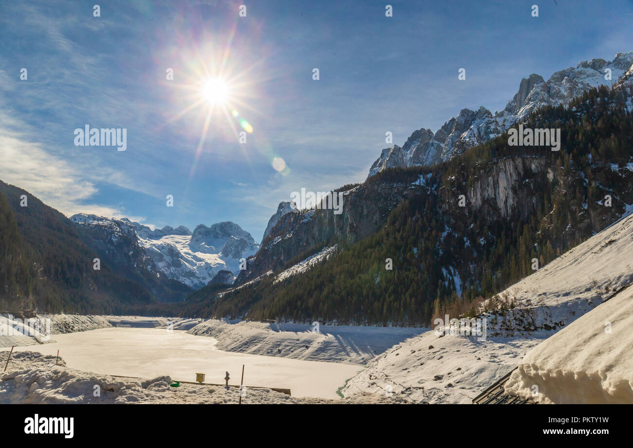 Winter mountain landscape at Gosausee with Dachstein, Austria Stock ...