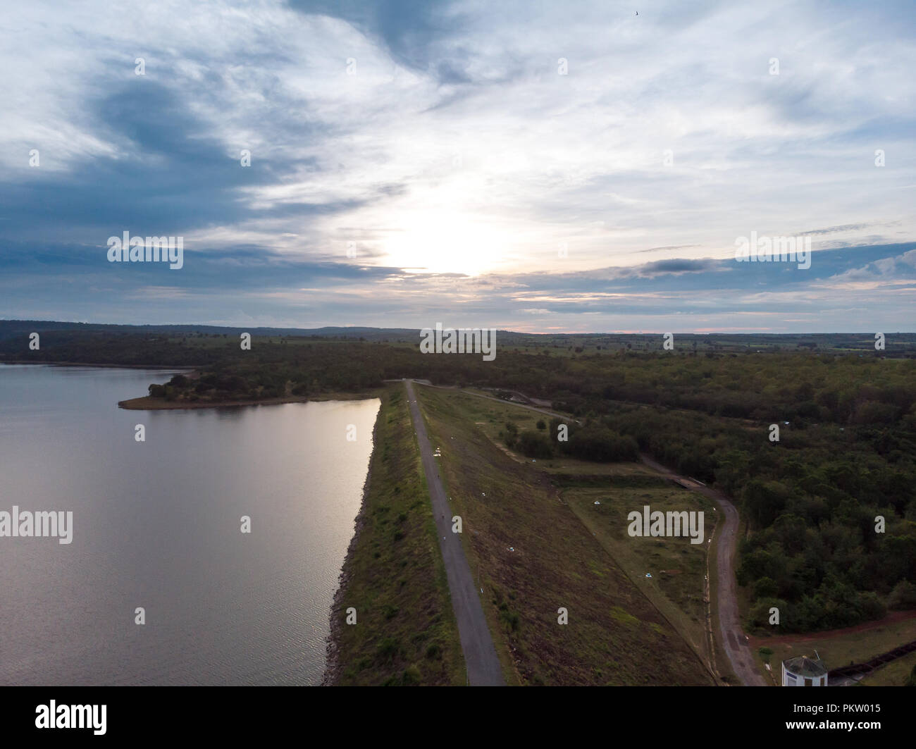 Drone shot Aerial view landscape scenic of big river reservoir dam with ...