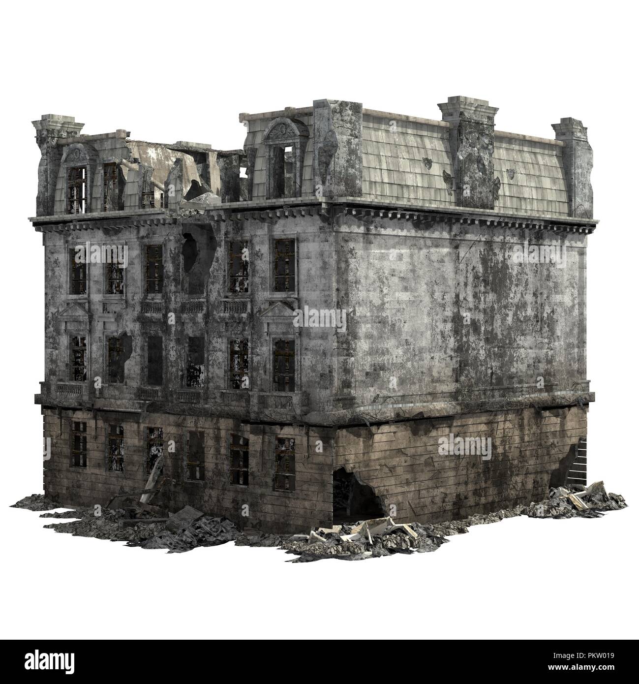 3D illustration ruined building isolated on white Stock Photo - Alamy