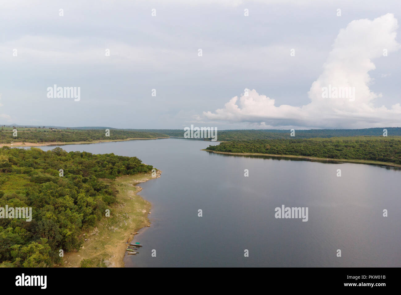 Drone shot Aerial view landscape scenic of big river reservoir with ...