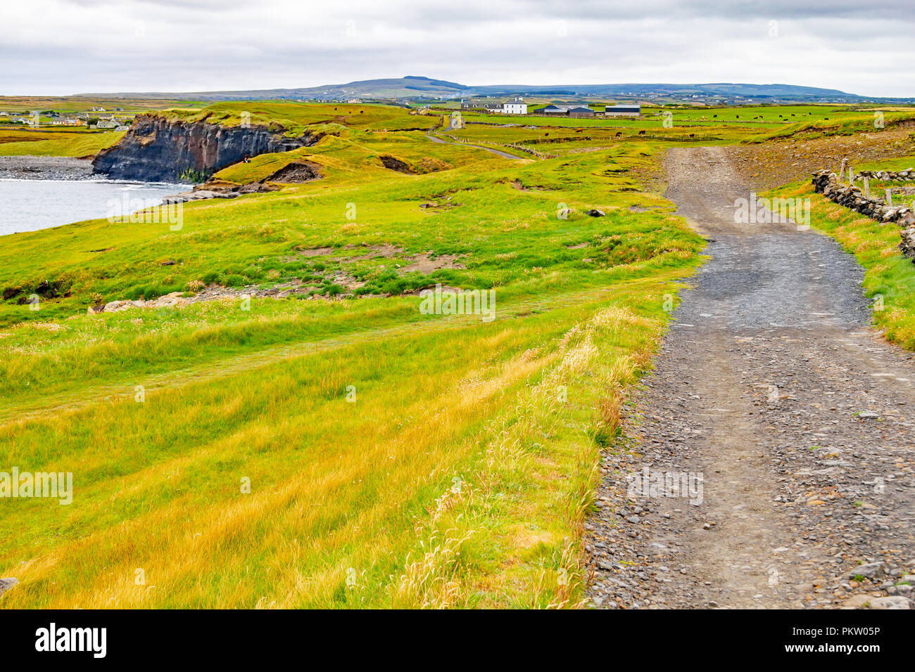 Cliffs of Moher trail with Doolin village and farm fields in background ...