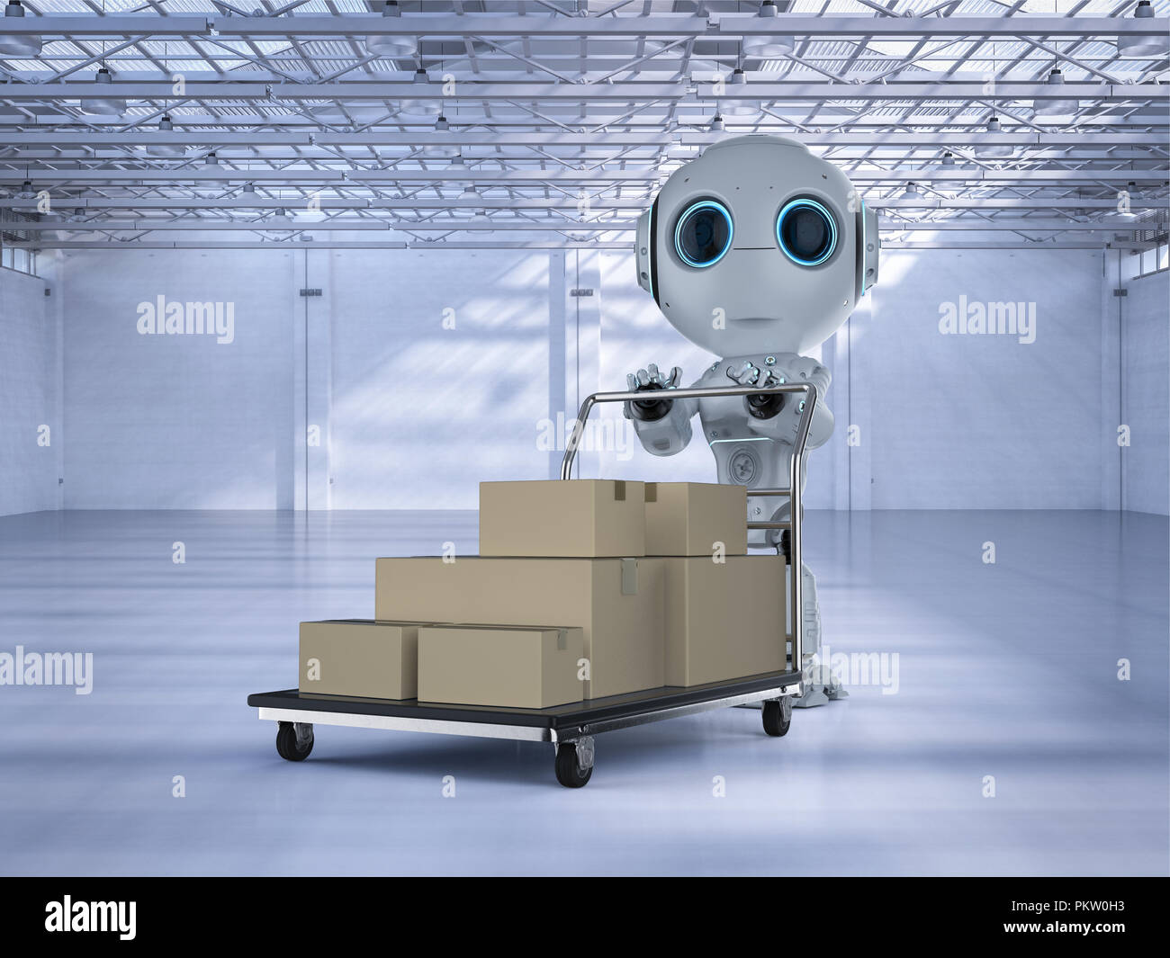 3d rendering mini delivery robot with cardboard boxes on trolley Stock ...