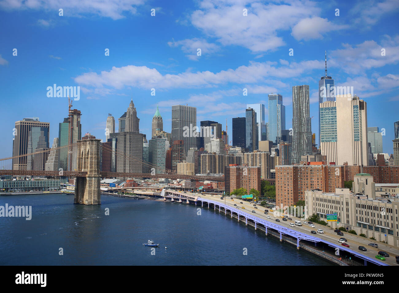 Aerial view of Manhattan Skyline and Brooklyn Bridge from Manhattan ...