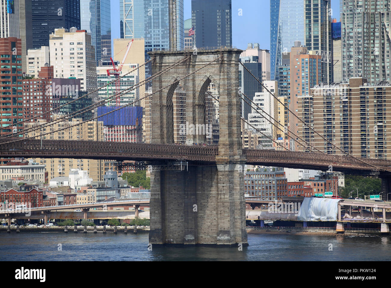 Aerial view of Manhattan Skyline and Brooklyn Bridge from Manhattan ...