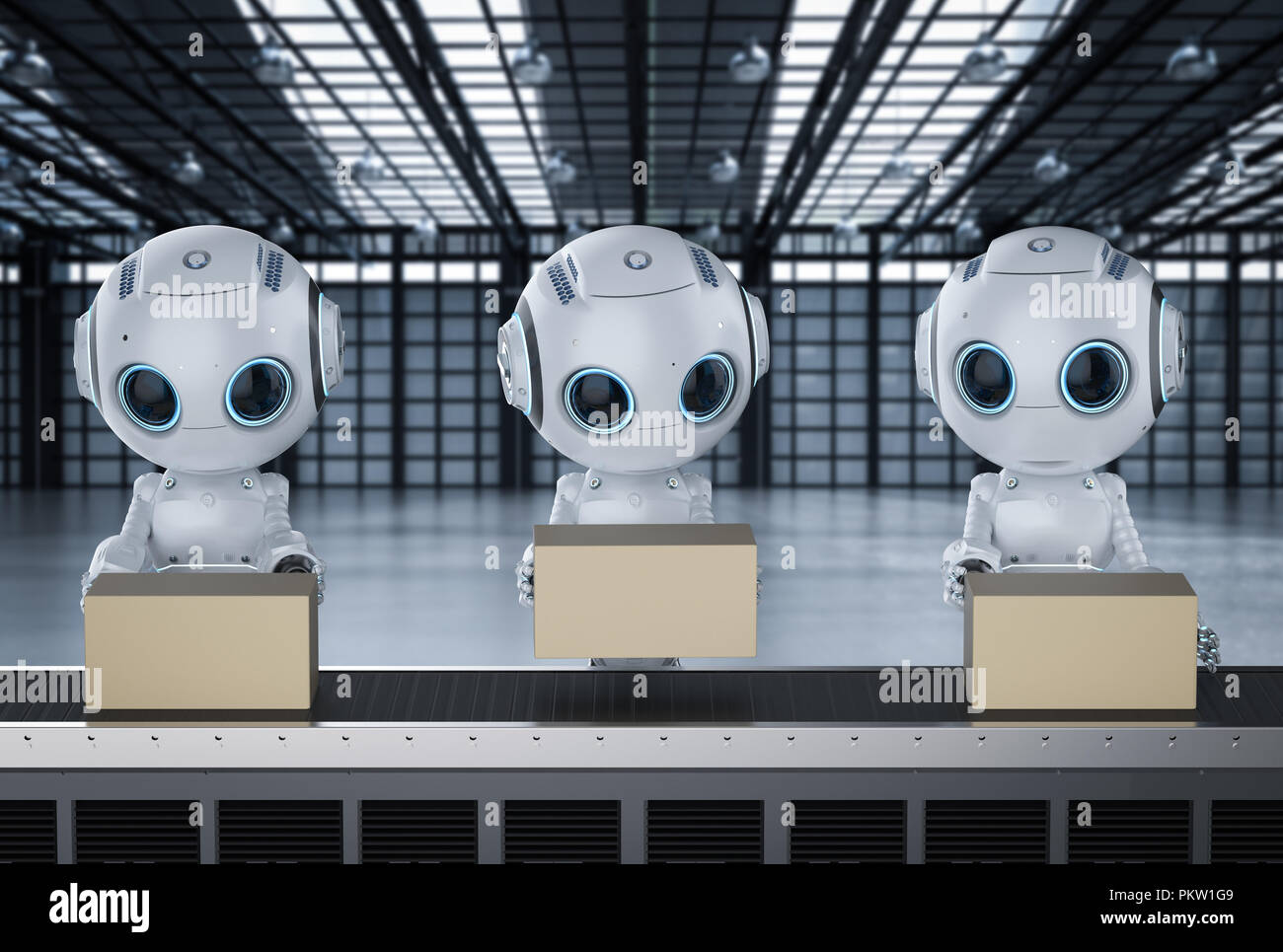 3d rendering mini robot with boxes on conveyor line in factory Stock ...