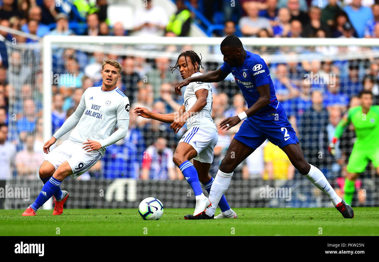 Cardiff City's Bobby Reid (centre) and Chelsea's Antonio Rudiger (right ...